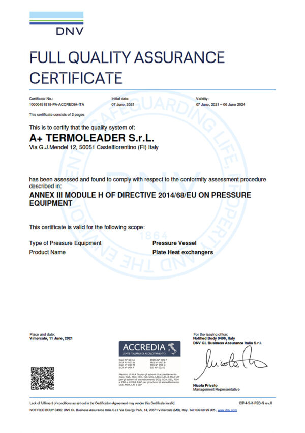 Certifications - TERMOLEADER Scambiatori di Calore