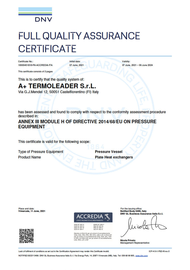 Certifications - TERMOLEADER Scambiatori di Calore